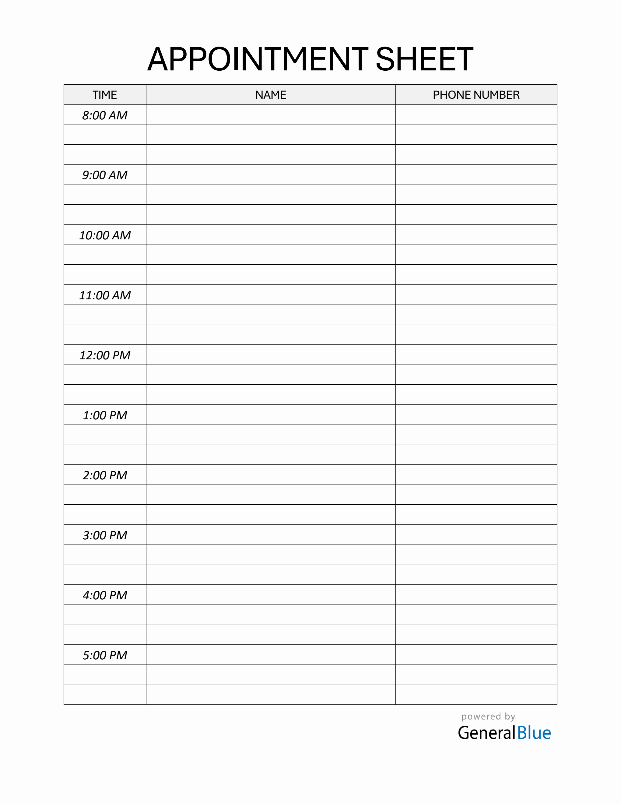 Appointment Sign Up Sheet in Word (1-Hour Interval)
