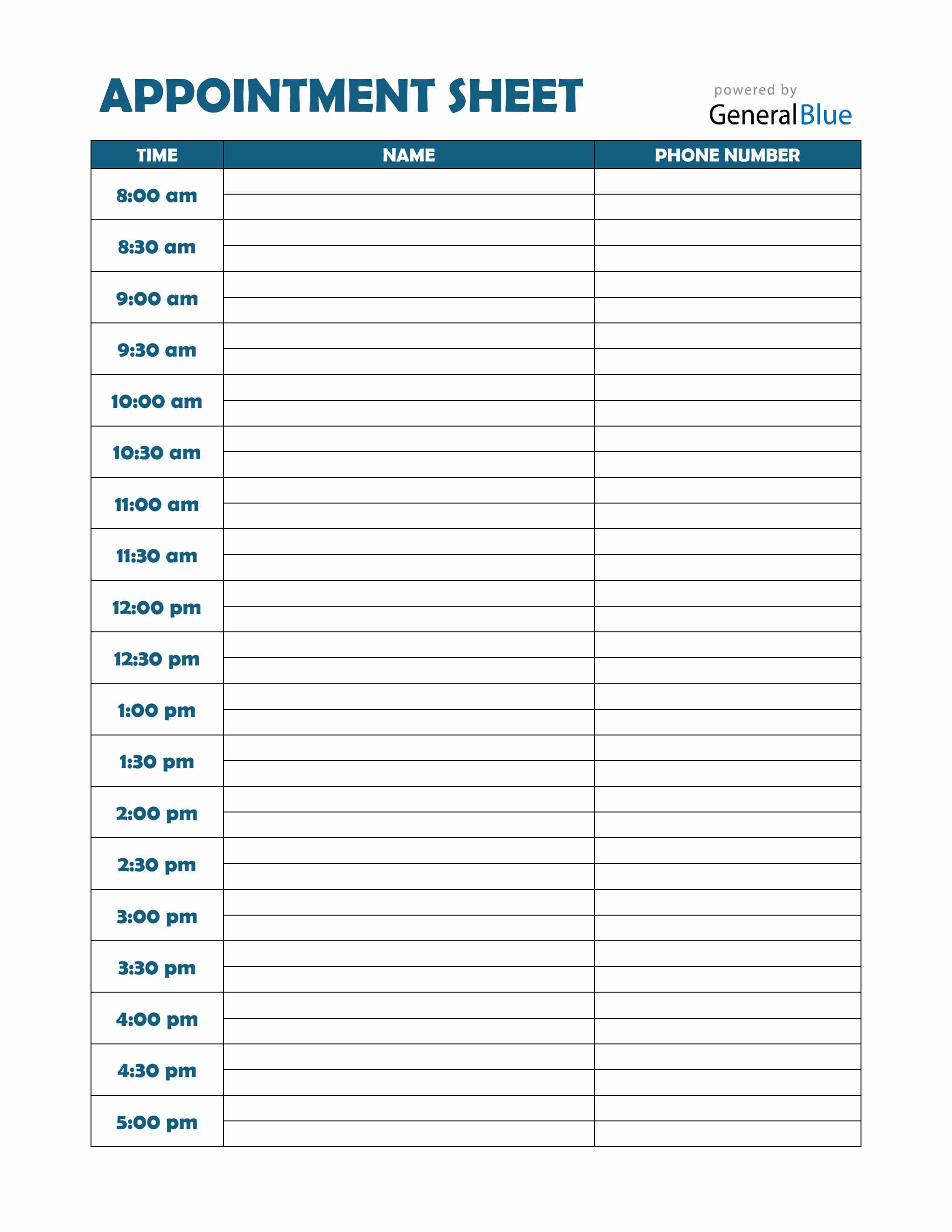 Free Customizable Appointment Sheet PDF (30-Minute Interval Schedules)