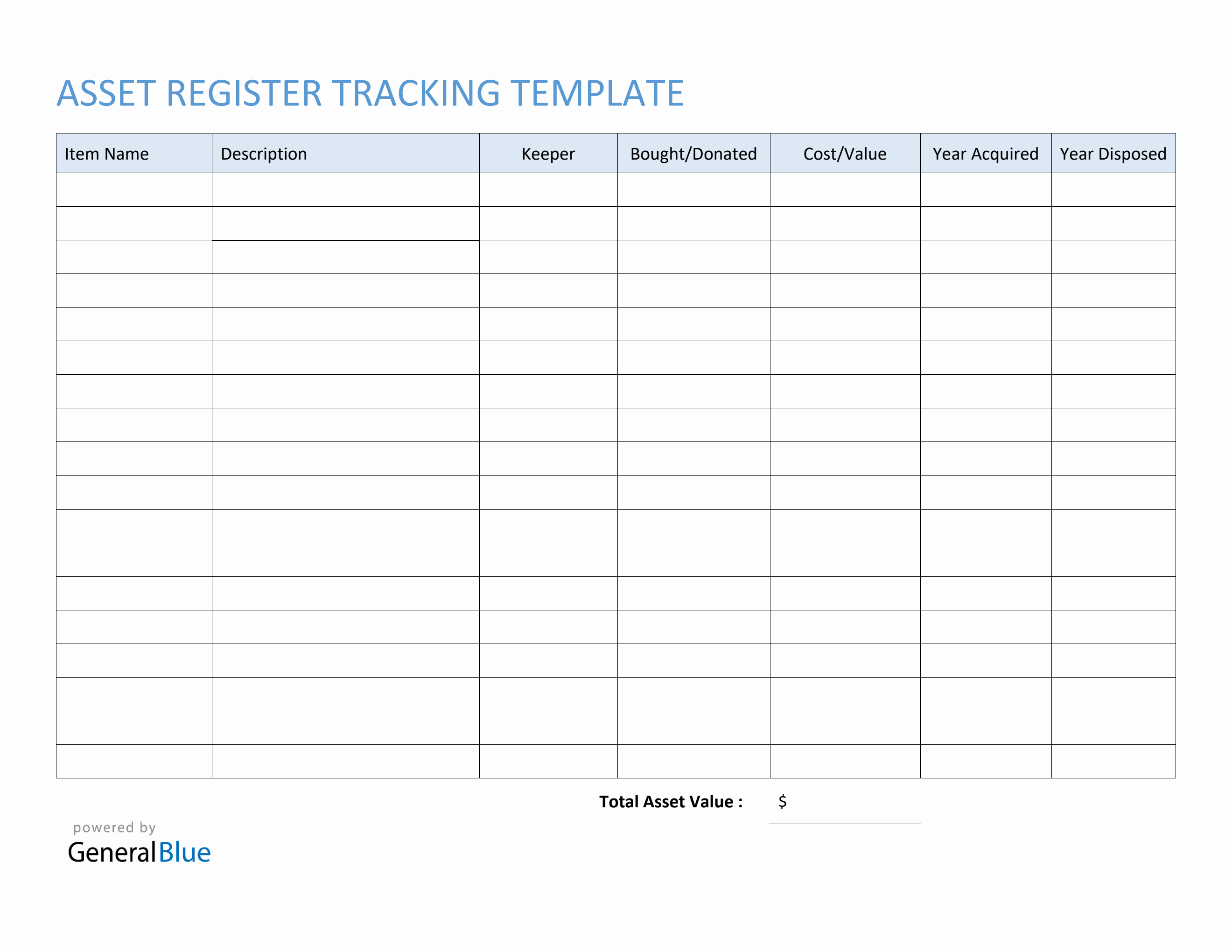 Asset Register Tracking Template in PDF