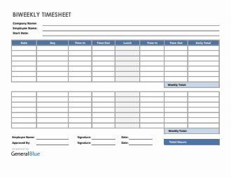 Biweekly Timesheet with Lunch Break in PDF