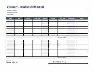Biweekly Timesheet With Notes in Excel
