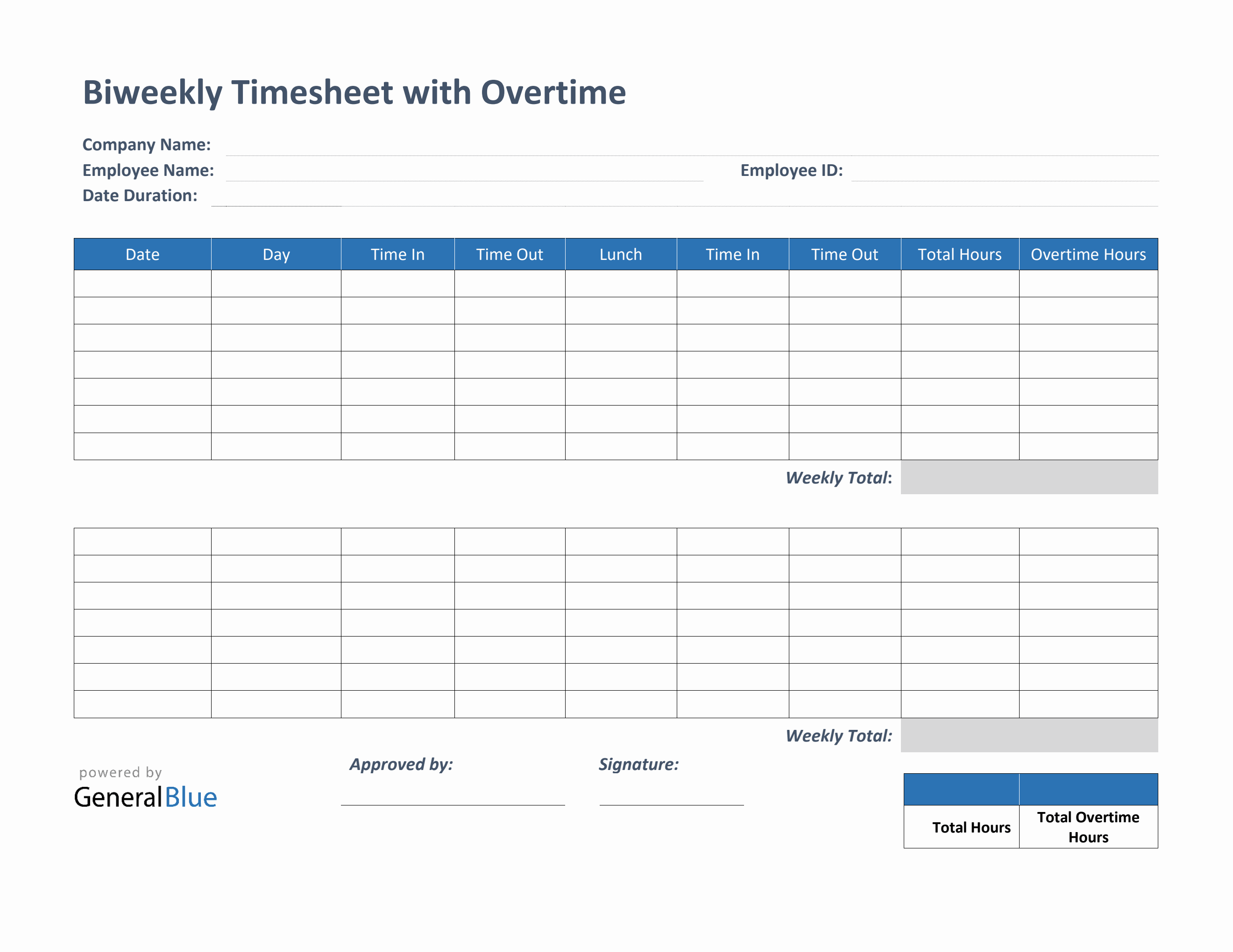 Biweekly Timesheet With Overtime Calculation in PDF
