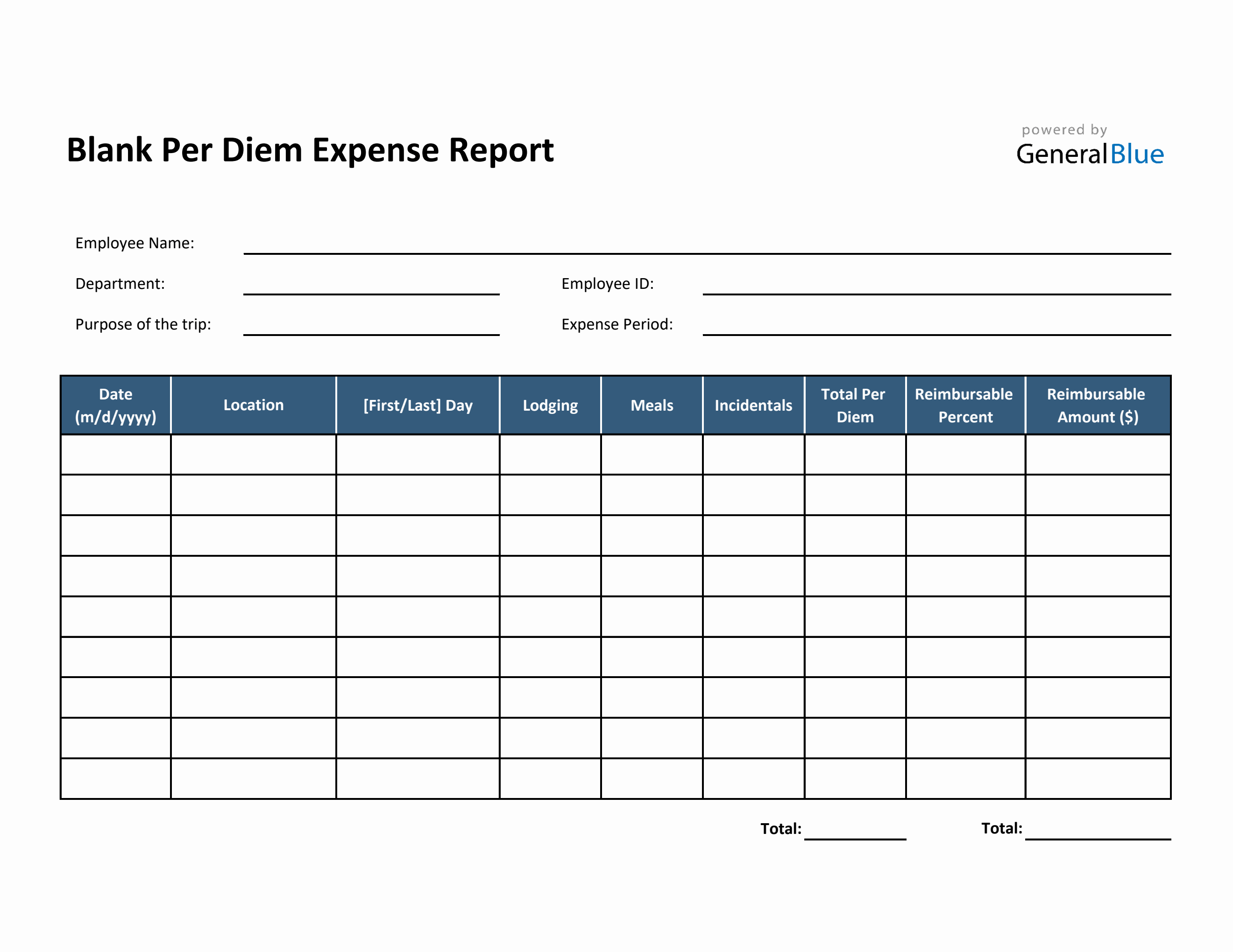Blank Per Diem Expense Report Template in Excel (Simple)