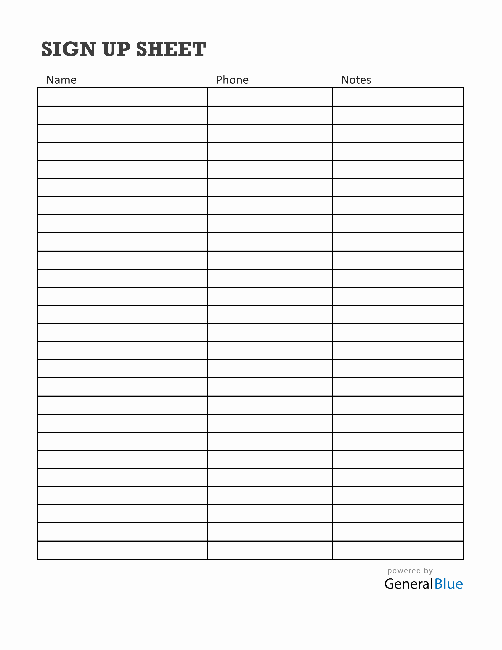 Blank Sign-Up Sheet in Excel