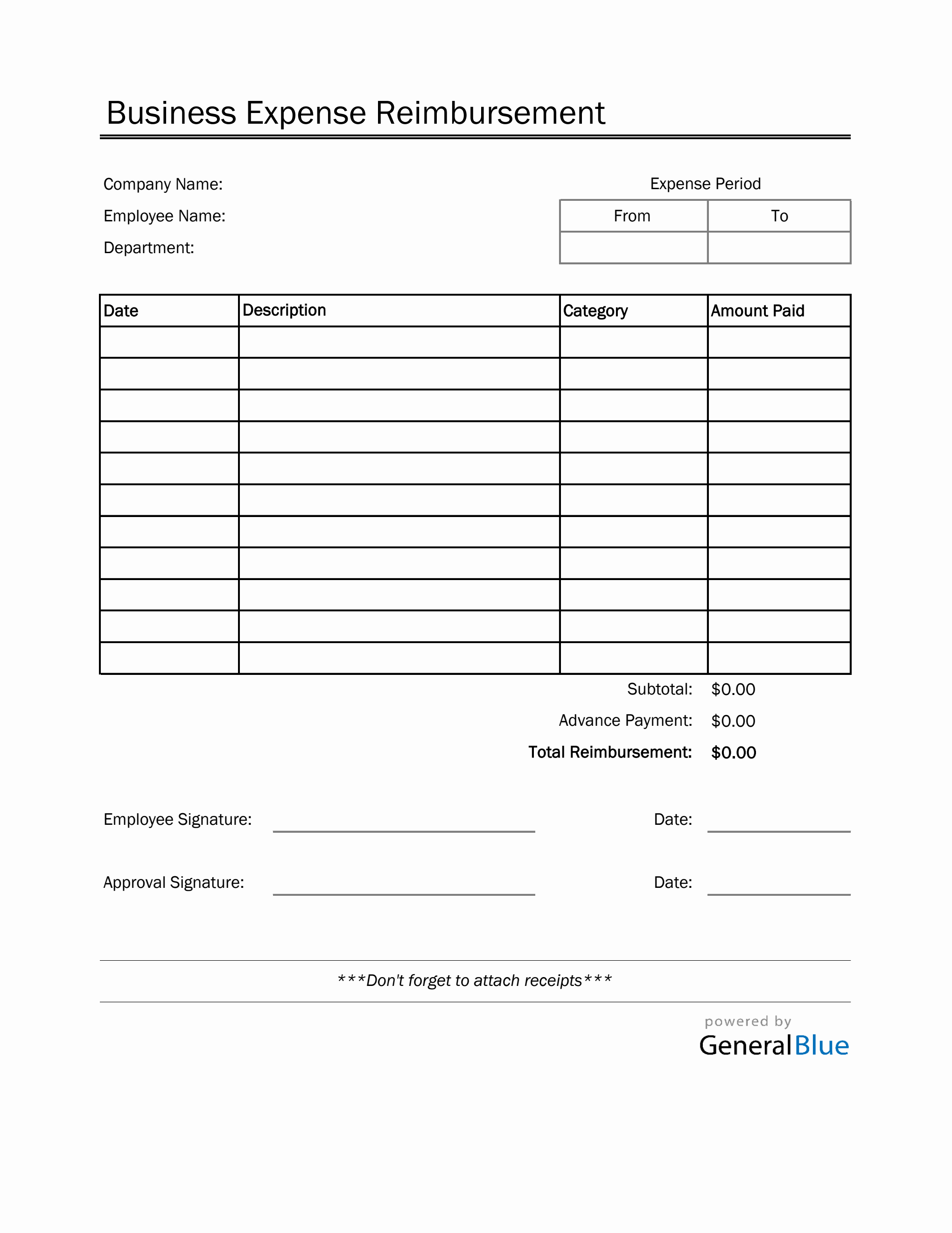 Business Expense Reimbursement in Excel (Printable)