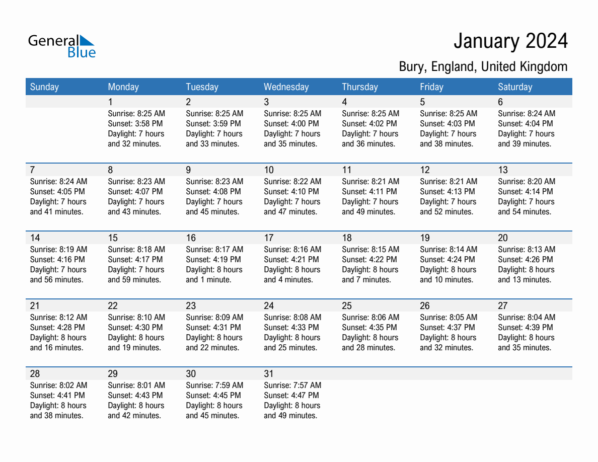 January 2024 Sunrise and Sunset Calendar for Bury (PDF, Excel, Word)