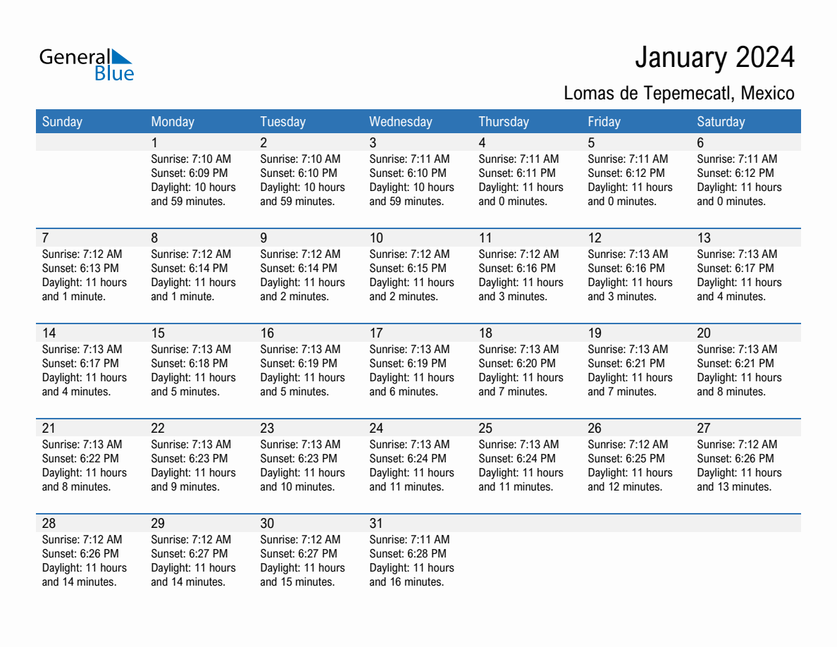 January 2024 Sunrise and Sunset Calendar for Lomas de Tepemecatl (PDF ...