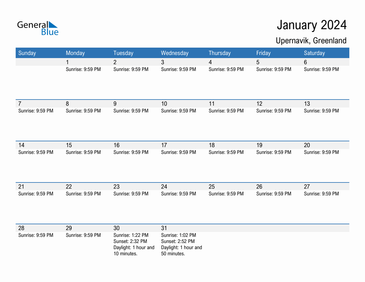 January 2024 Sunrise and Sunset Calendar for Upernavik, Greenland (PDF ...