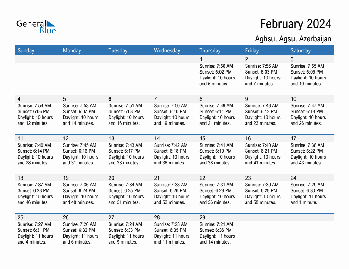 February 2024 Sunrise and Sunset Calendar for Aghsu (PDF, Excel, Word)