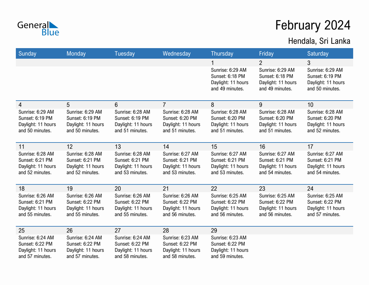 February 2024 Sunrise and Sunset Calendar for Hendala (PDF, Excel, Word)