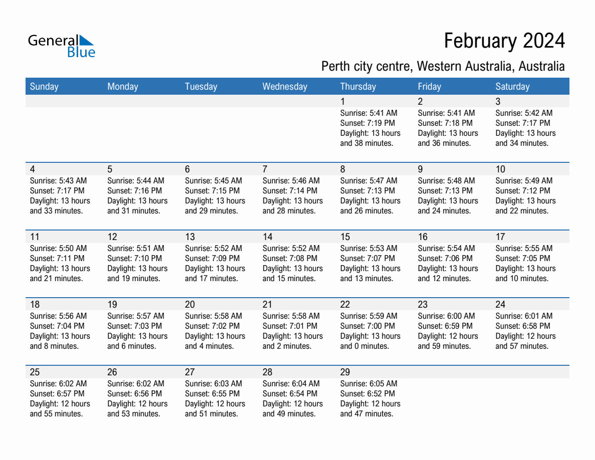February 2024 Sunrise and Sunset Calendar for Perth city centre ...