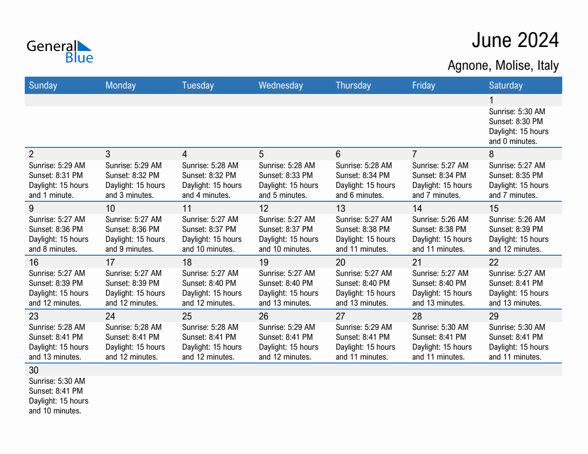 June 2024 Sunrise and Sunset Calendar for Agnone (PDF, Excel, Word)
