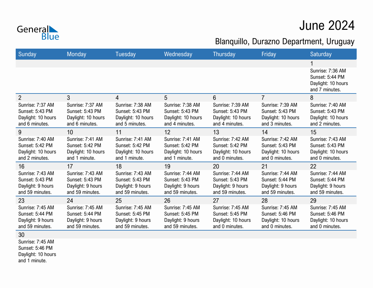 June 2024 Sunrise and Sunset Calendar for Blanquillo (PDF, Excel, Word)