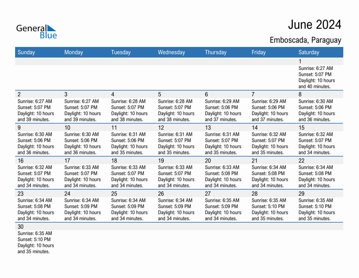 June 2024 Sunrise and Sunset Calendar for Emboscada, Paraguay (PDF ...
