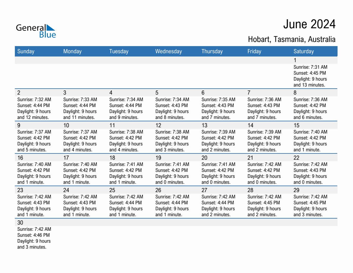 June 2024 Sunrise and Sunset Calendar for Hobart (PDF, Excel, Word)