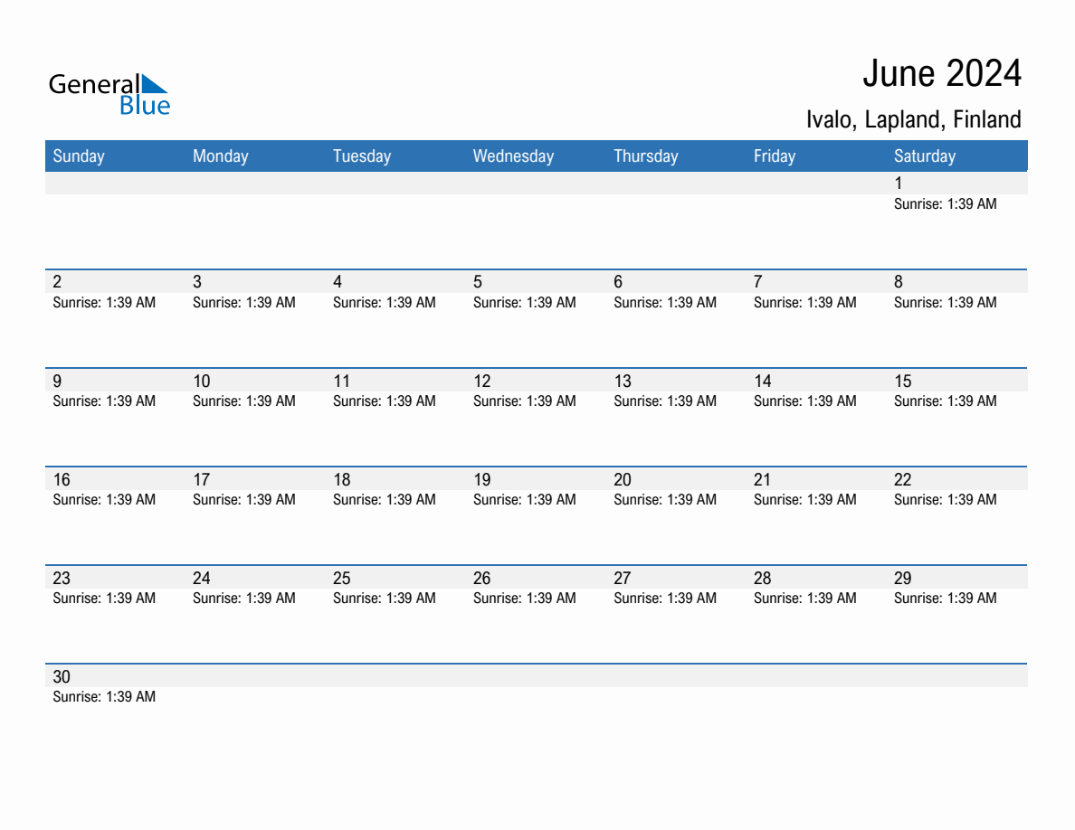 June 2024 Sunrise and Sunset Calendar for Ivalo (PDF, Excel, Word)