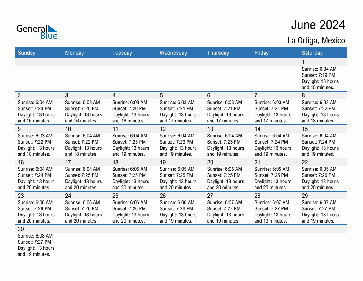 June 2024 Sunrise and Sunset Calendar for La Ortiga (PDF, Excel, Word)