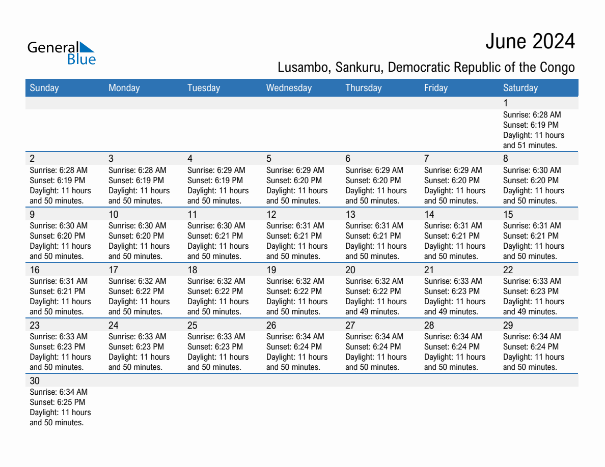 June 2024 Sunrise and Sunset Calendar for Lusambo (PDF, Excel, Word)