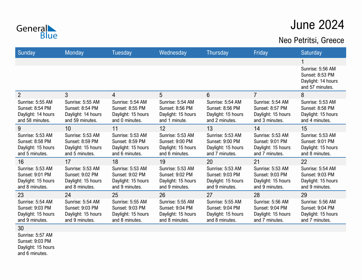 June 2024 Sunrise and Sunset Calendar for Neo Petritsi (PDF, Excel, Word)