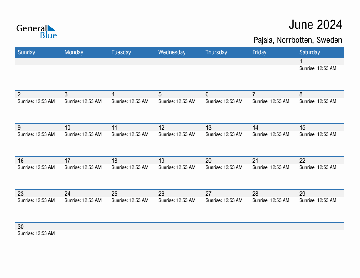 June 2024 Sunrise and Sunset Calendar for Pajala (PDF, Excel, Word)