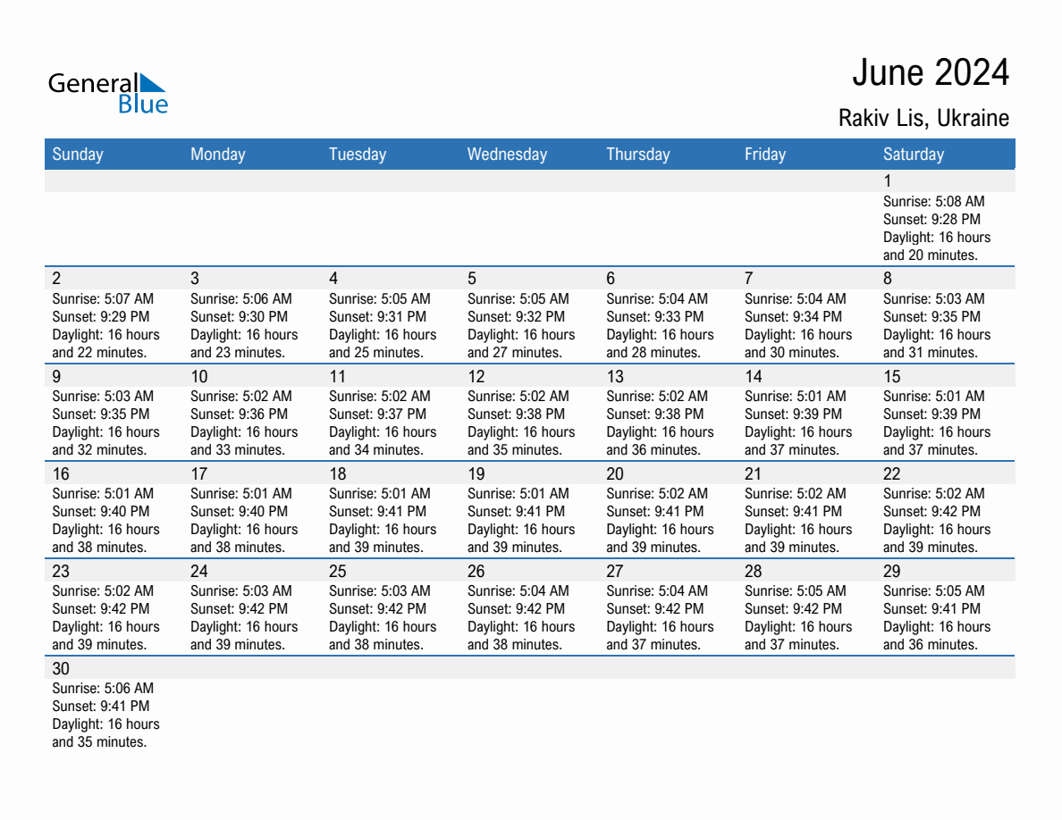 June 2024 Sunrise and Sunset Calendar for Rakiv Lis (PDF, Excel, Word)