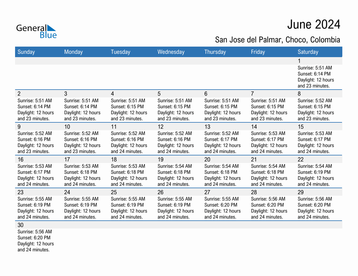 June 2024 Sunrise and Sunset Calendar for San Jose del Palmar (PDF ...