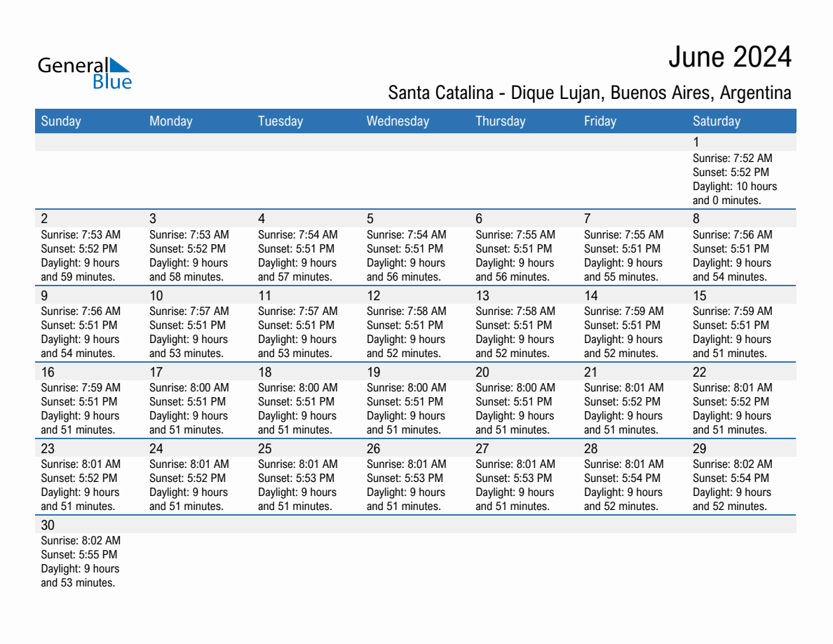 June 2024 Sunrise and Sunset Calendar for Santa Catalina - Dique Lujan ...
