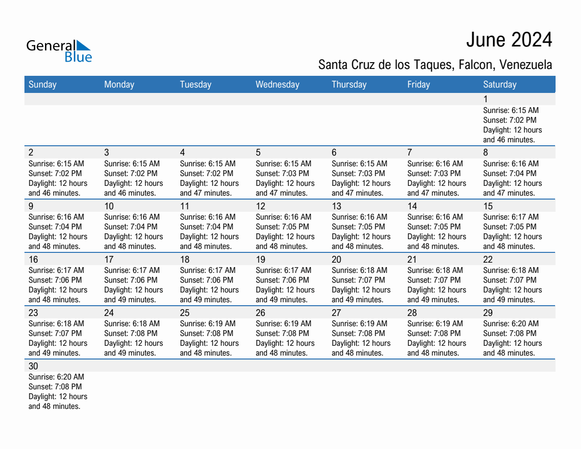 June 2024 Sunrise and Sunset Calendar for Santa Cruz de los Taques ...