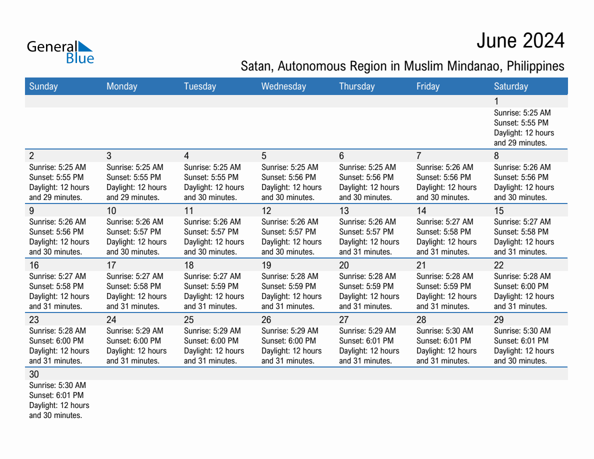 June 2024 Sunrise and Sunset Calendar for Satan (PDF, Excel, Word)