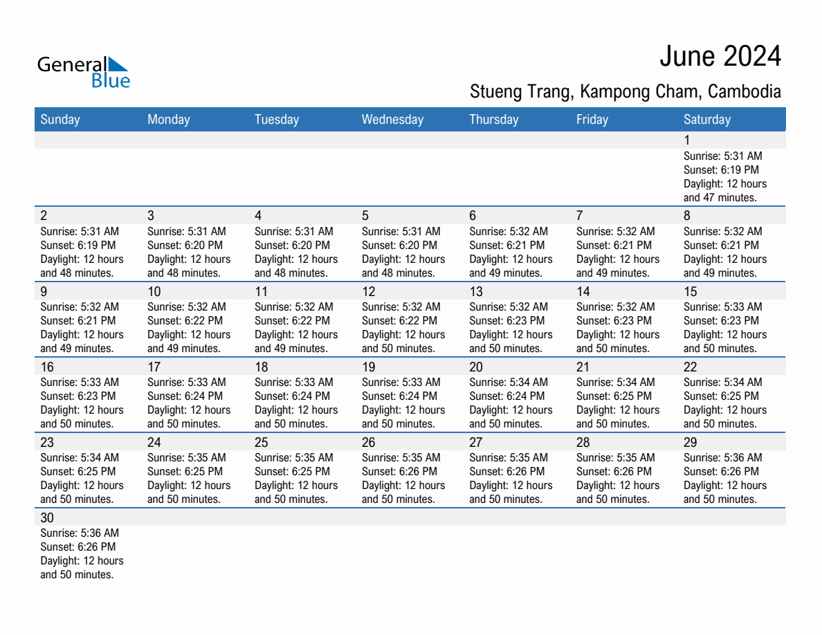 June 2024 Sunrise and Sunset Calendar for Stueng Trang (PDF, Excel, Word)