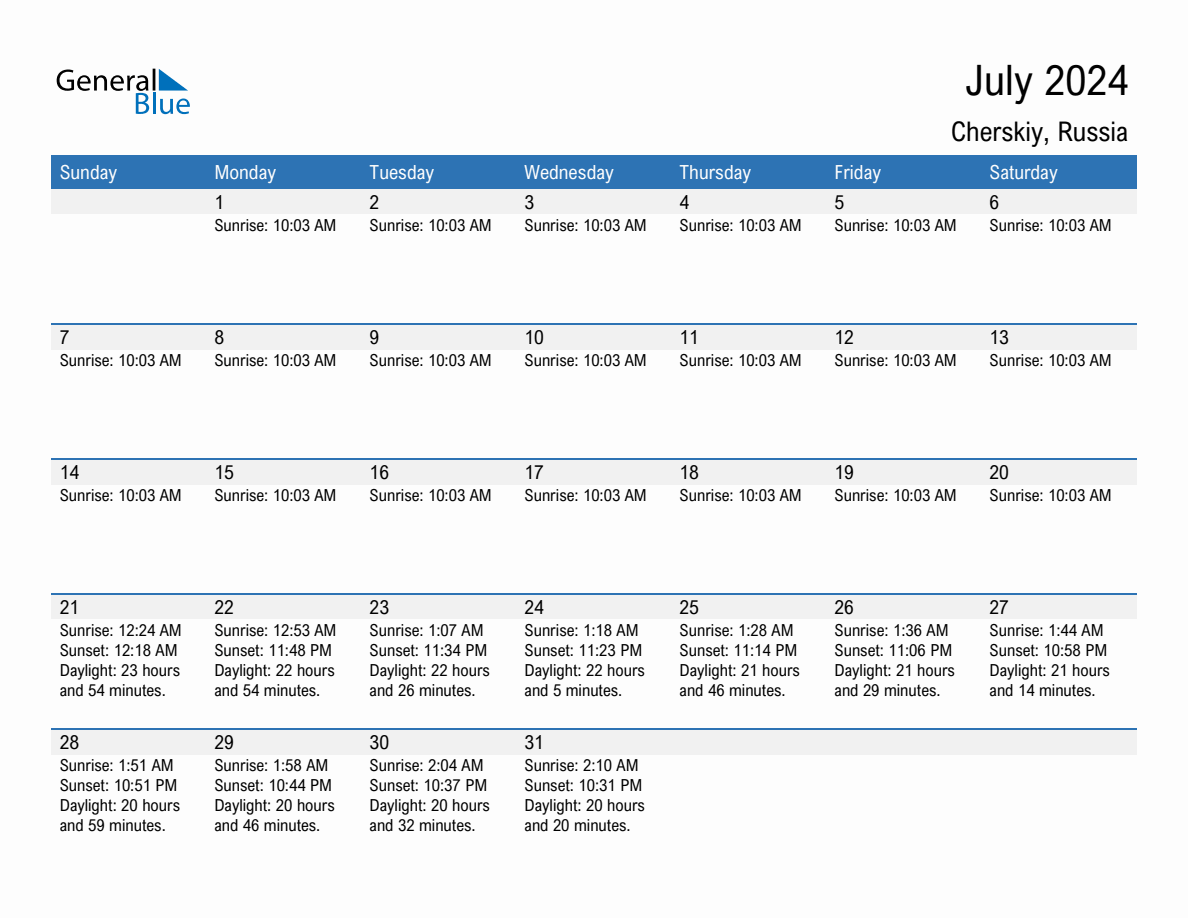 July 2024 Sunrise and Sunset Calendar for Cherskiy, Russia (PDF, Excel ...