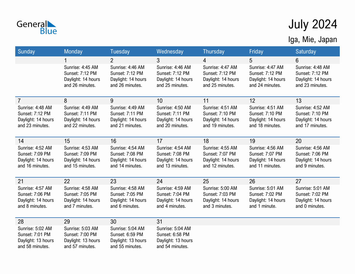 July 2024 Sunrise and Sunset Calendar for Iga (PDF, Excel, Word)