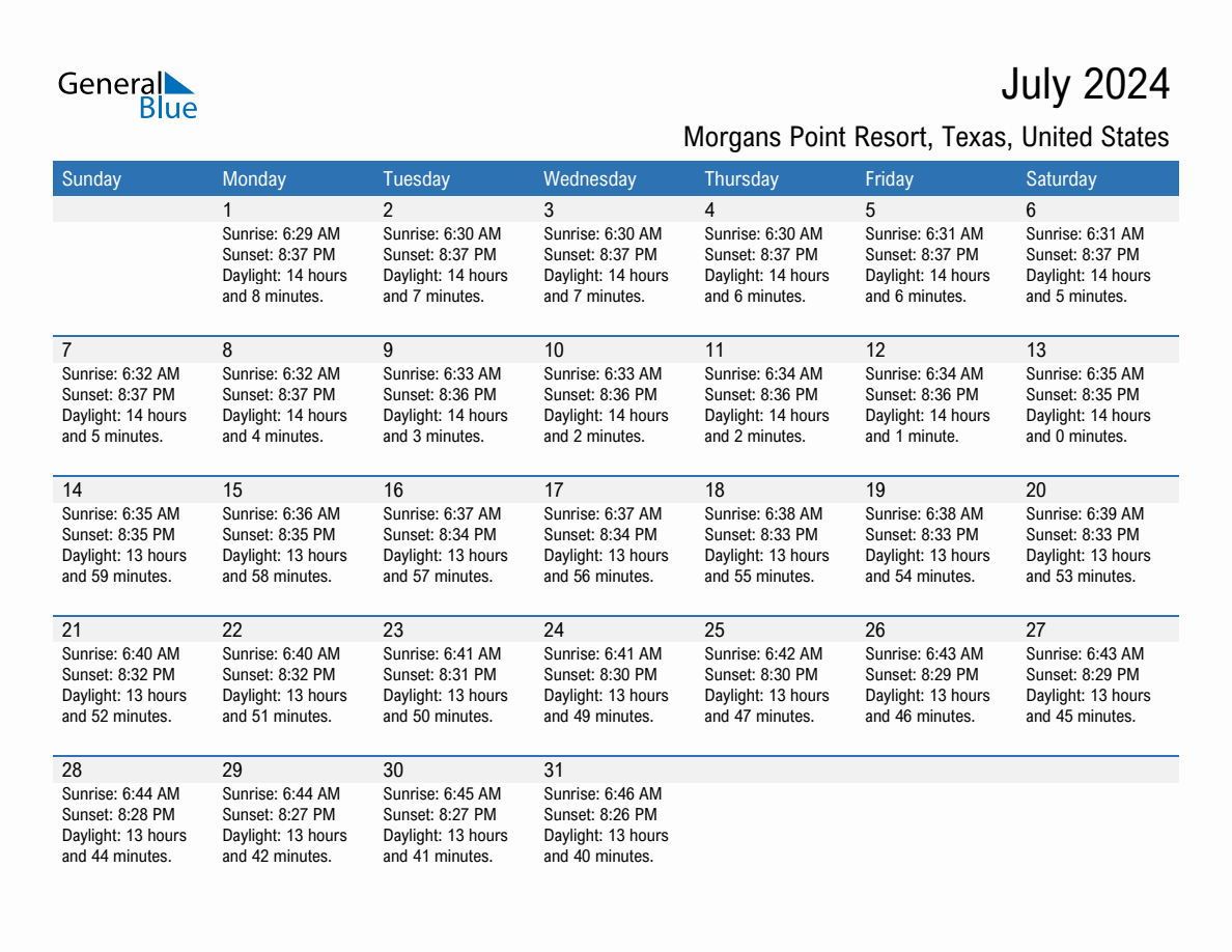 July 2024 Sunrise and Sunset Calendar for Morgans Point Resort (PDF ...
