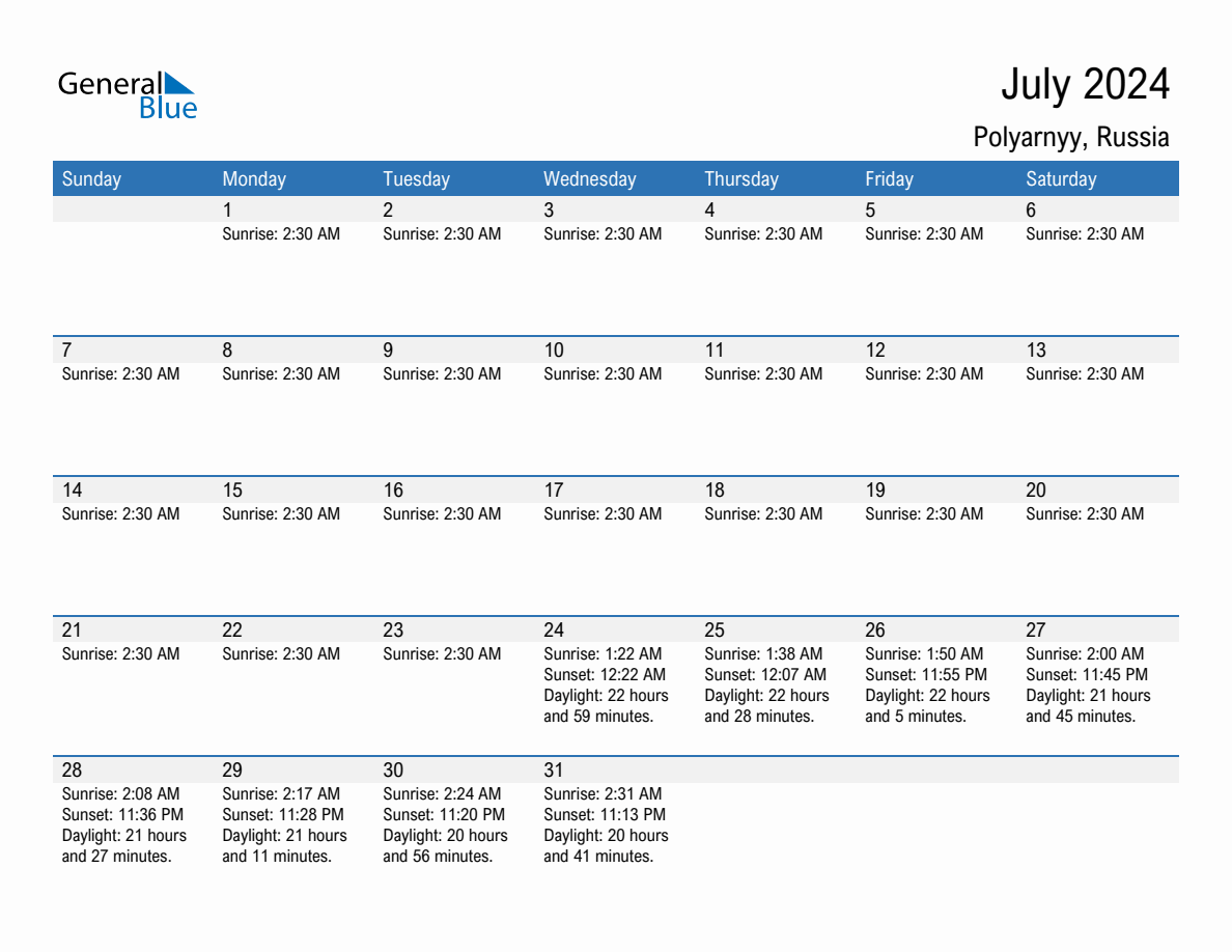 July 2024 Sunrise and Sunset Calendar for Polyarnyy (PDF, Excel, Word)