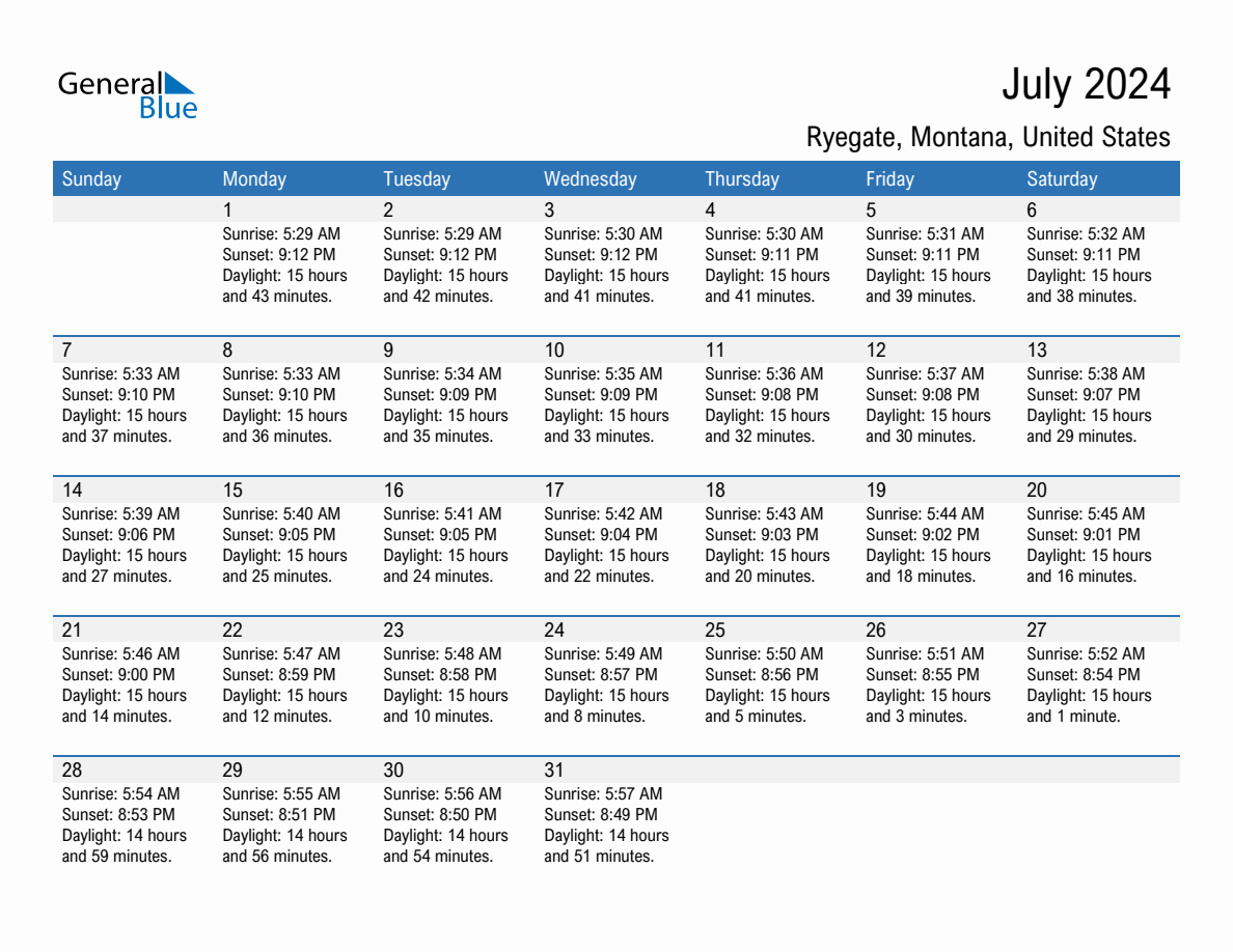 July 2024 Sunrise and Sunset Calendar for Ryegate (PDF, Excel, Word)