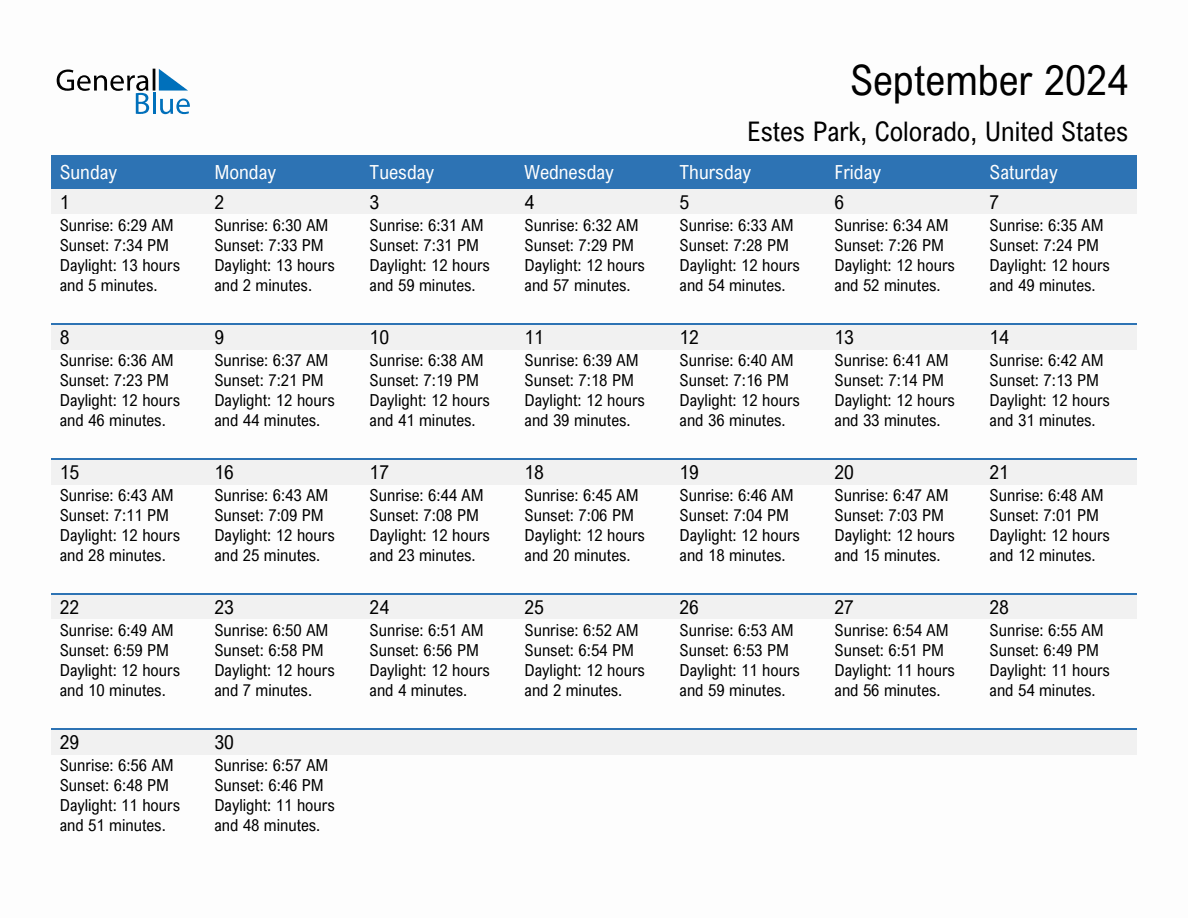 September 2024 Sunrise and Sunset Calendar for Estes Park, United ...
