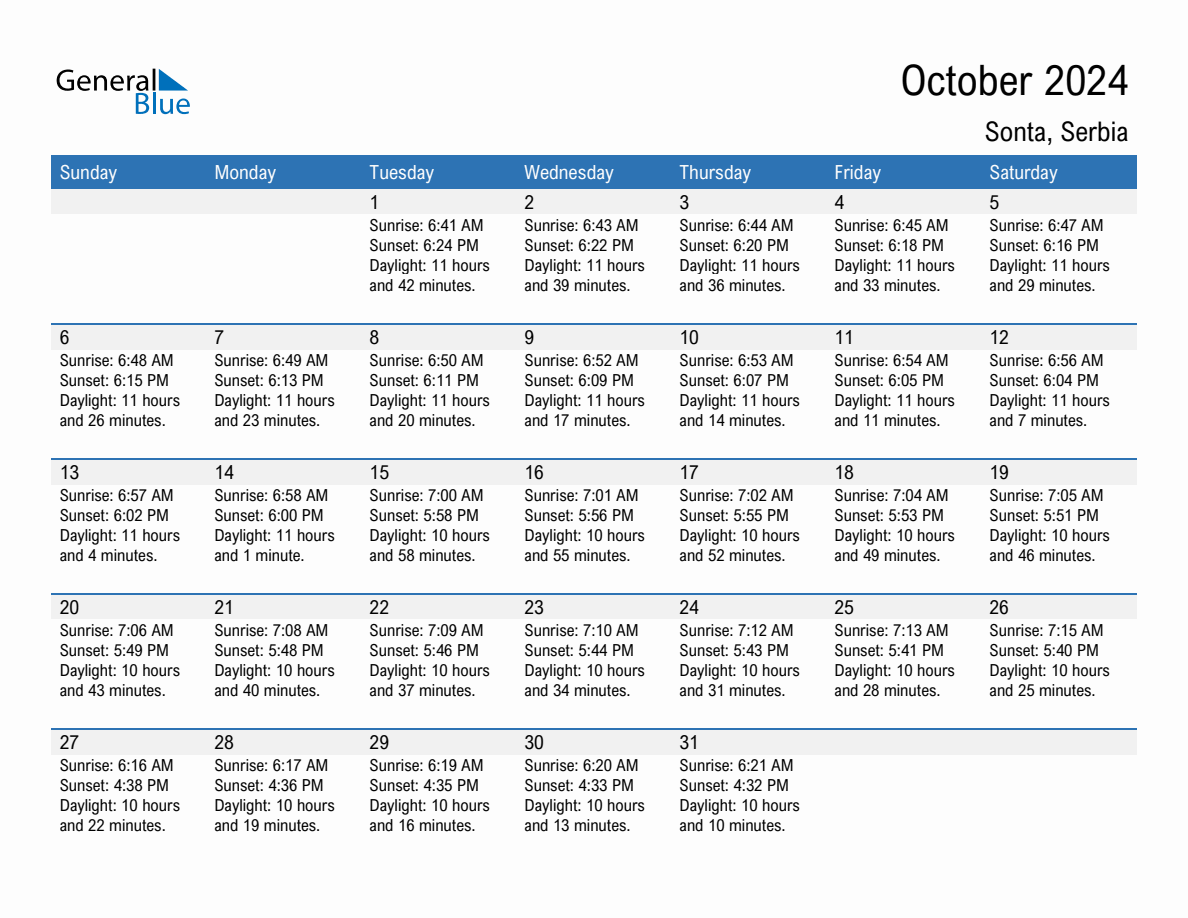 October 2024 Sunrise and Sunset Calendar for Sonta (PDF, Excel, Word)