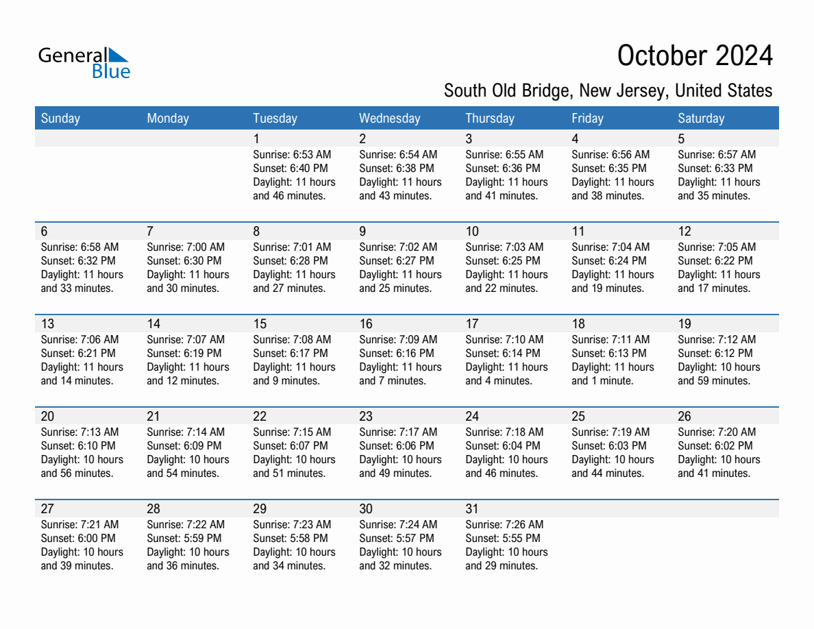 October 2024 Sunrise and Sunset Calendar for South Old Bridge (PDF ...
