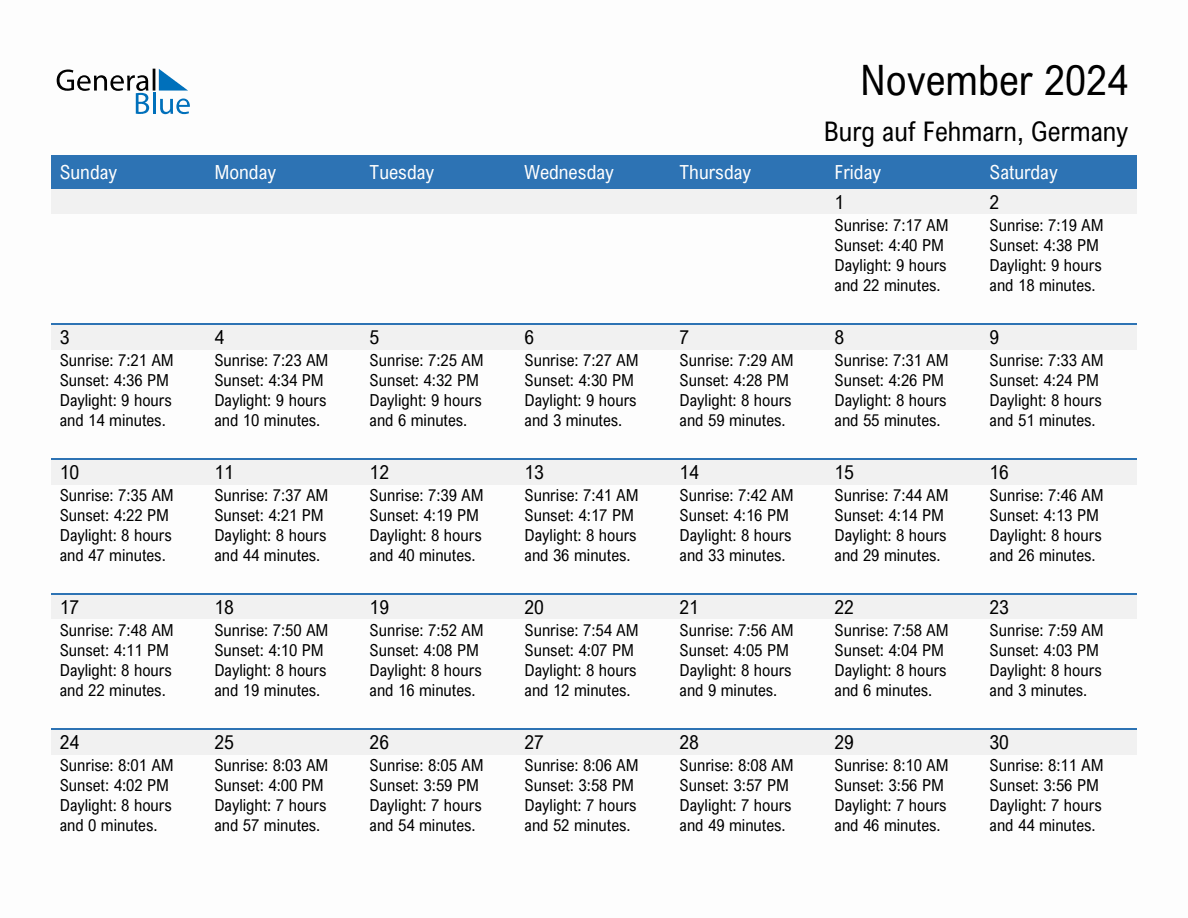 November 2024 Sunrise and Sunset Calendar for Burg auf Fehmarn (PDF ...