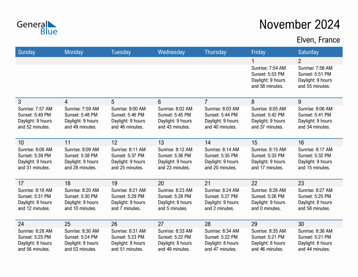 November 2024 Sunrise and Sunset Calendar for Elven (PDF, Excel, Word)