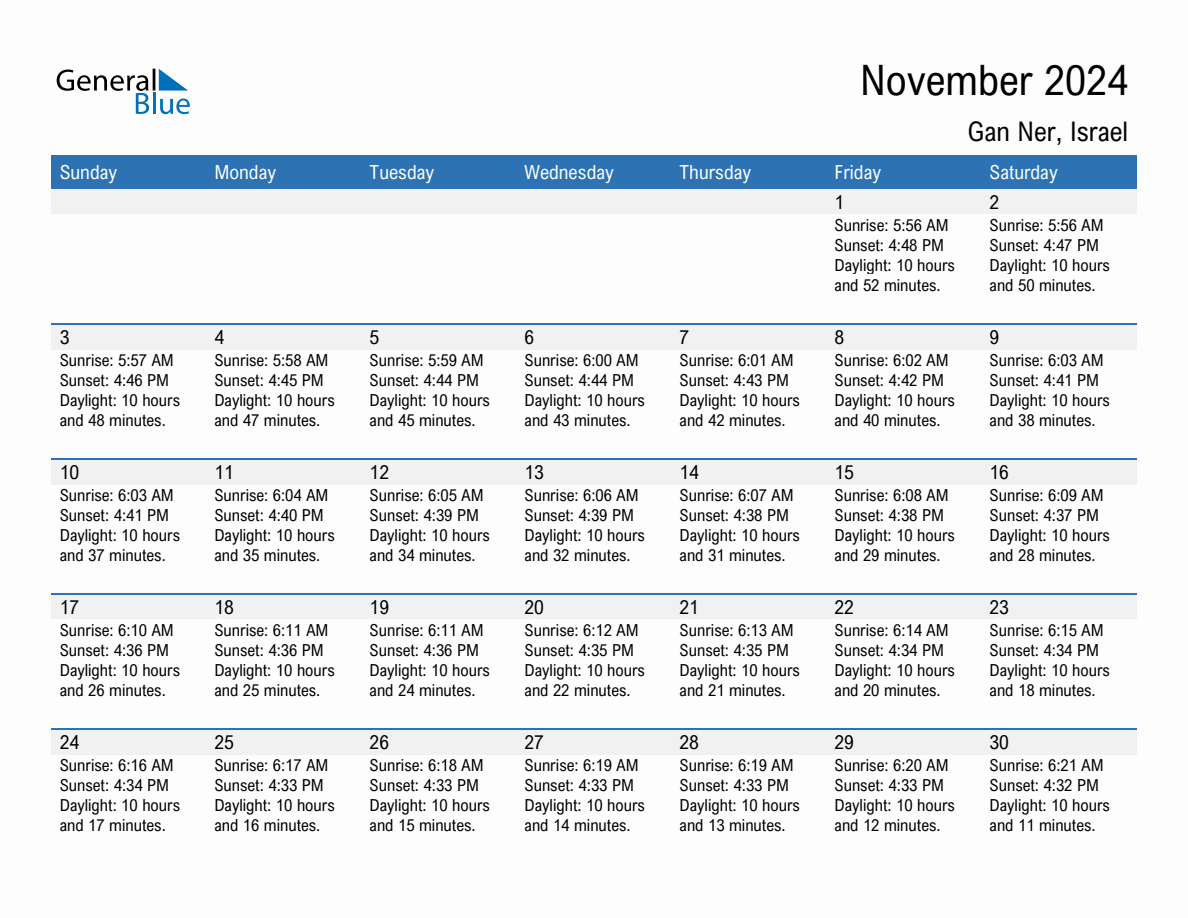 November 2024 Sunrise and Sunset Calendar for Gan Ner, Israel (PDF ...