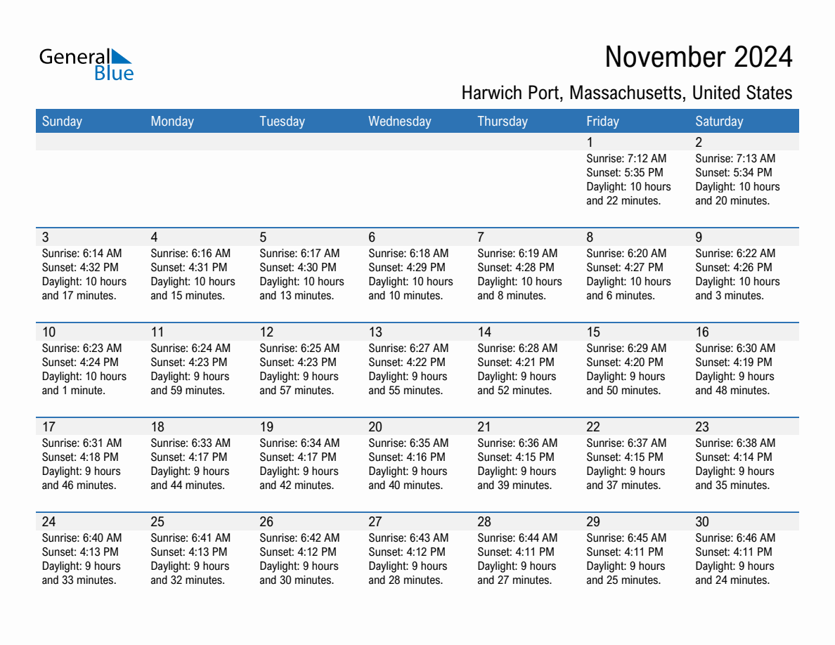 November 2024 Sunrise and Sunset Calendar for Harwich Port, United ...