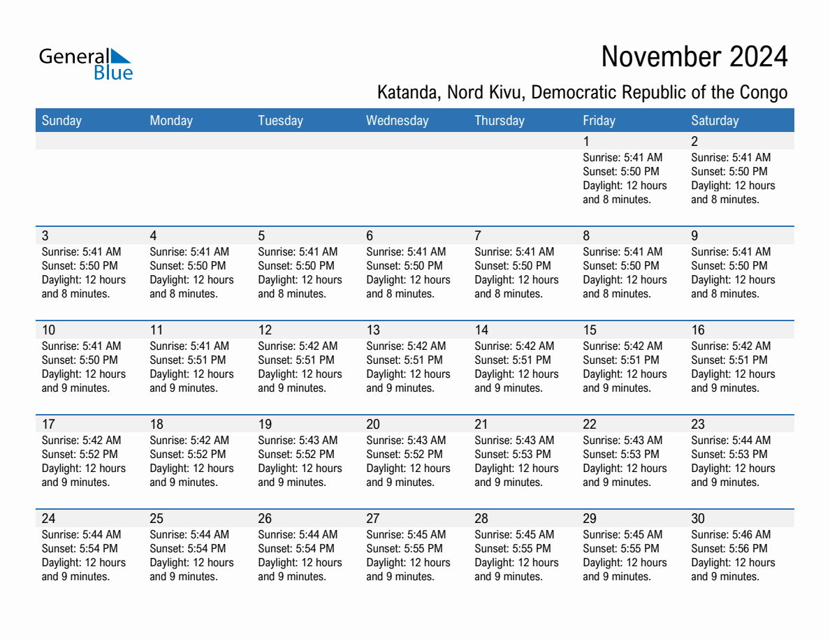 November 2024 Sunrise and Sunset Calendar for Katanda (PDF, Excel, Word)