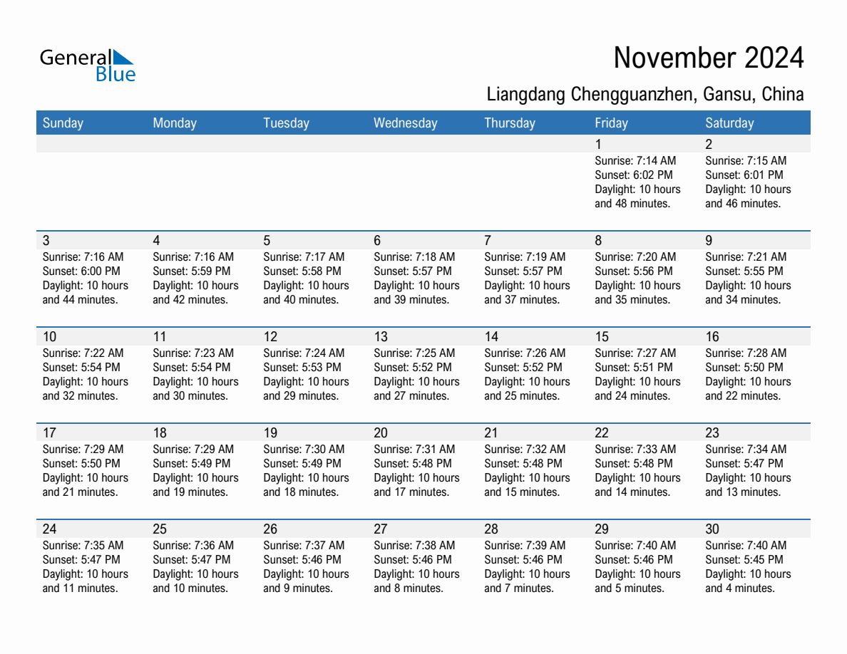 November 2024 Sunrise and Sunset Calendar for Liangdang Chengguanzhen ...