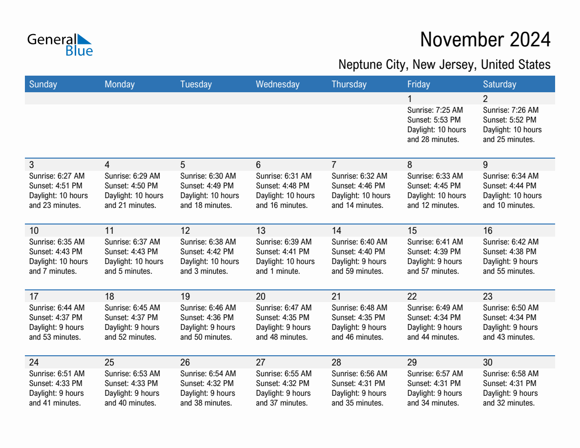 November 2024 Sunrise and Sunset Calendar for Neptune City (PDF, Excel ...