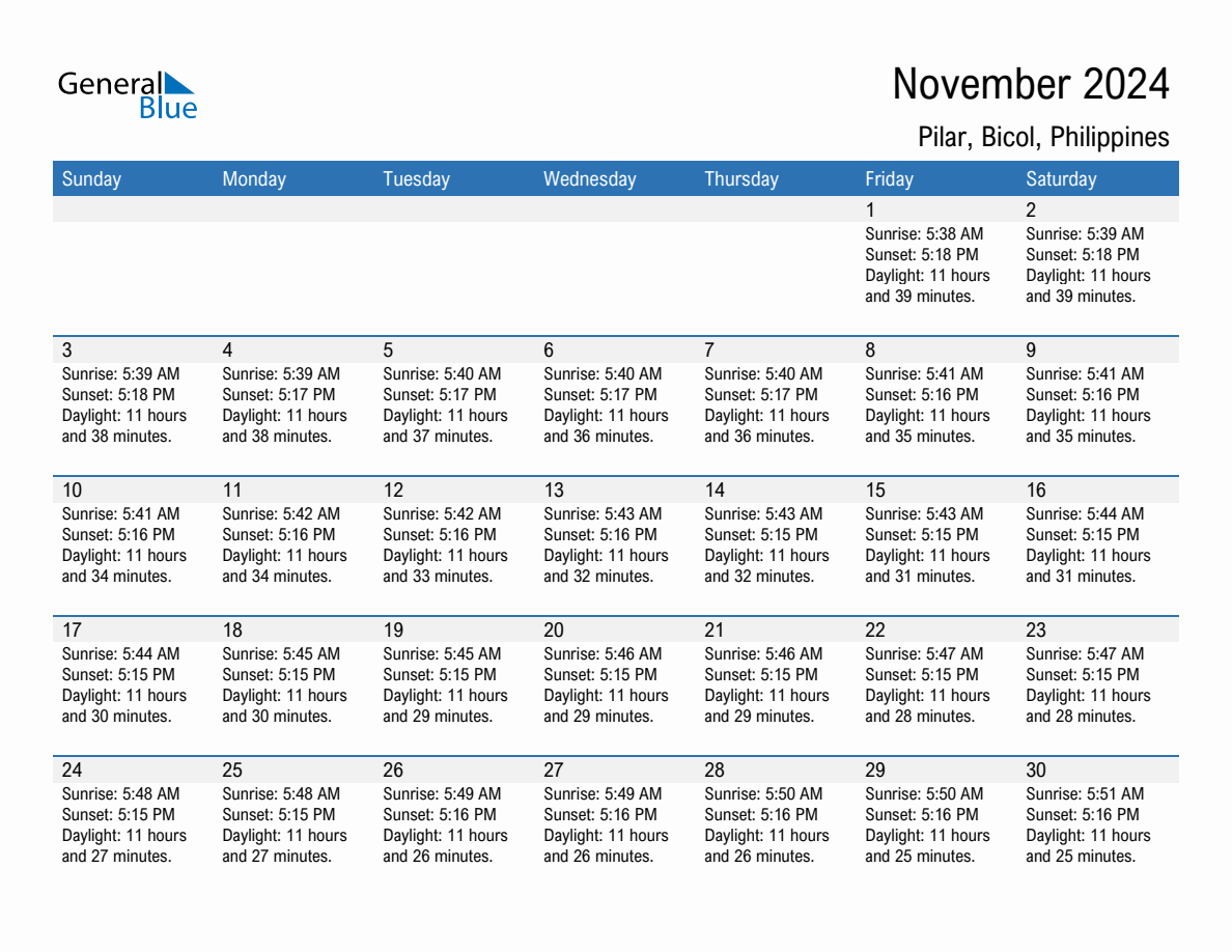 November 2024 Sunrise and Sunset Calendar for Pilar (PDF, Excel, Word)