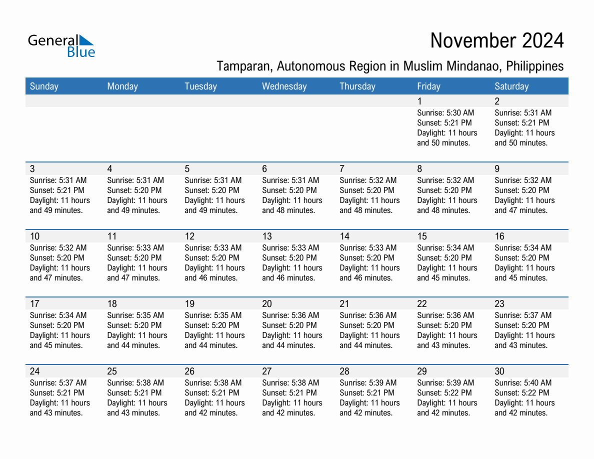 November 2024 Sunrise and Sunset Calendar for Tamparan (PDF, Excel, Word)