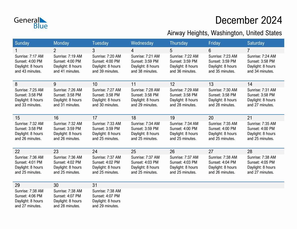 December 2024 Sunrise and Sunset Calendar for Airway Heights, United ...
