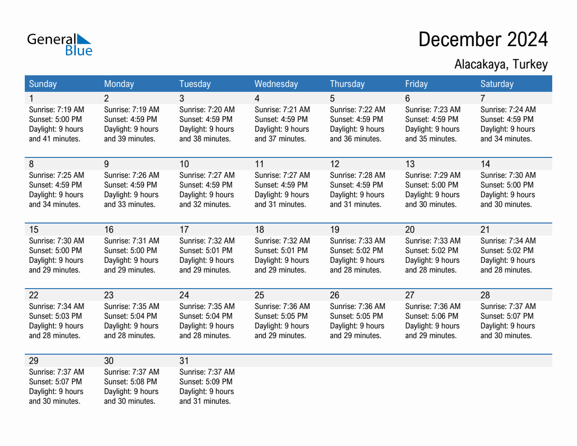 December 2024 Sunrise and Sunset Calendar for Alacakaya, Turkey (PDF ...
