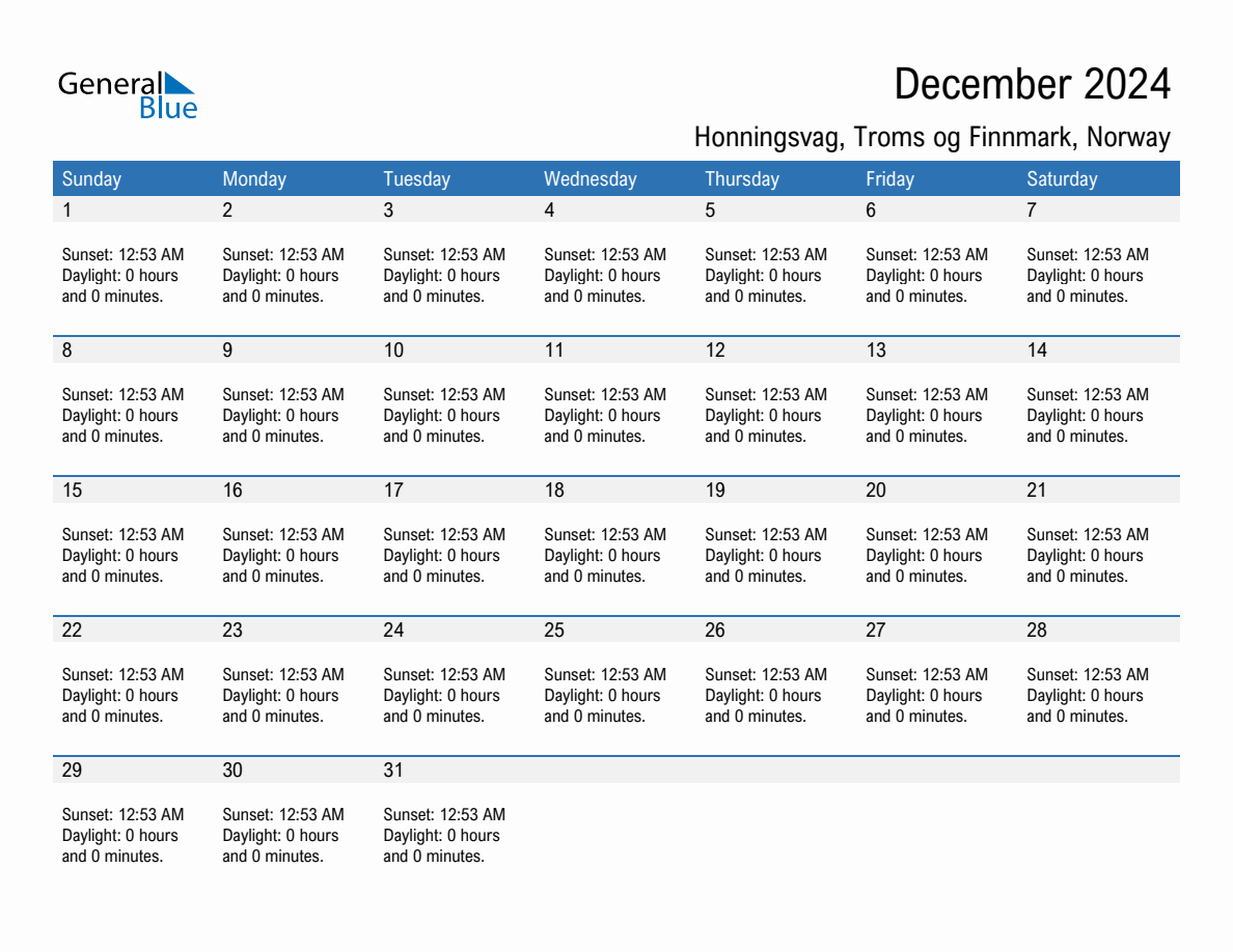 December 2024 Sunrise and Sunset Calendar for Honningsvag, Norway (PDF ...